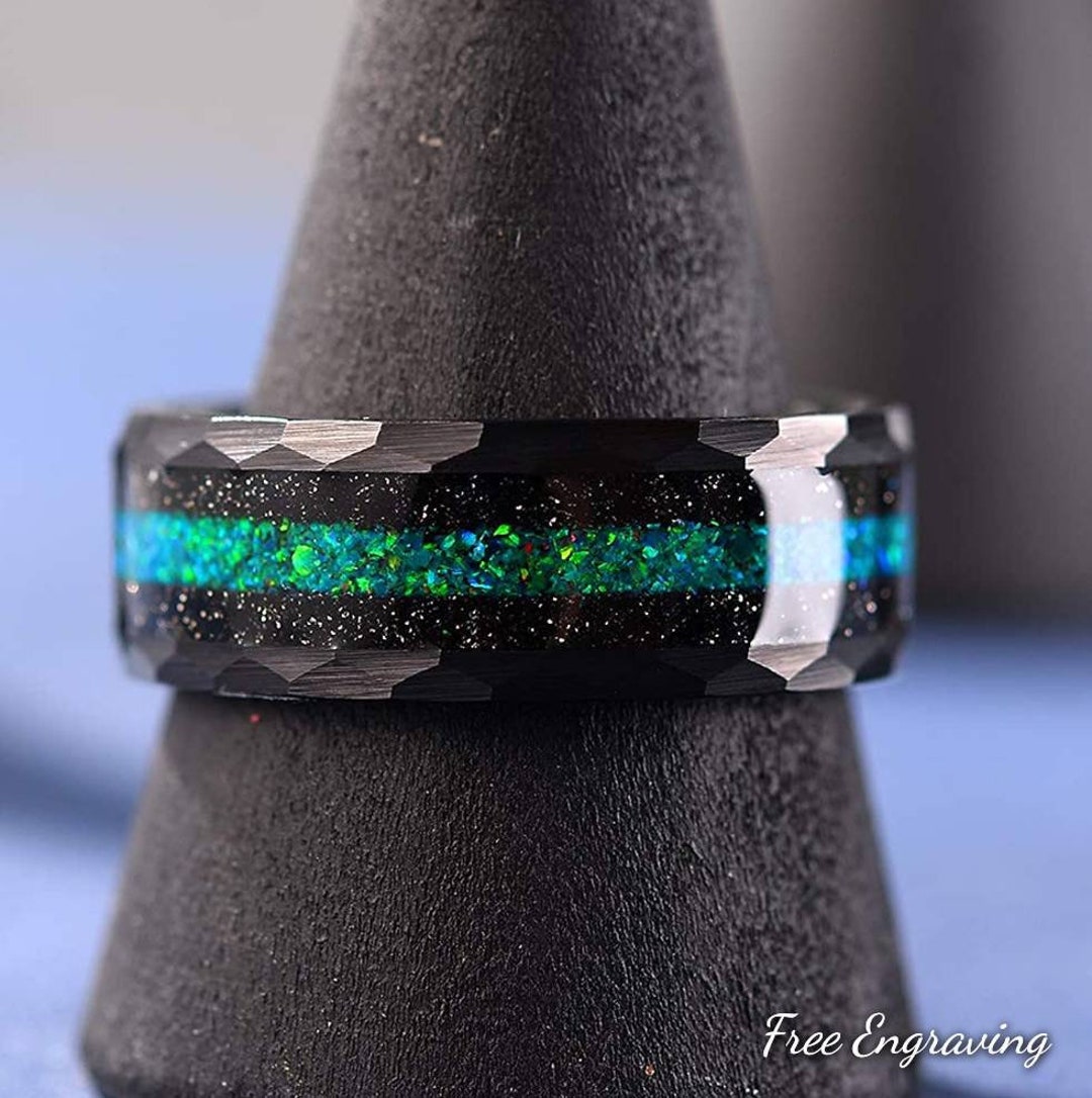 The Supernova-8mm Opal Black Sand Blue Green Mens Wedding Band Womens ...