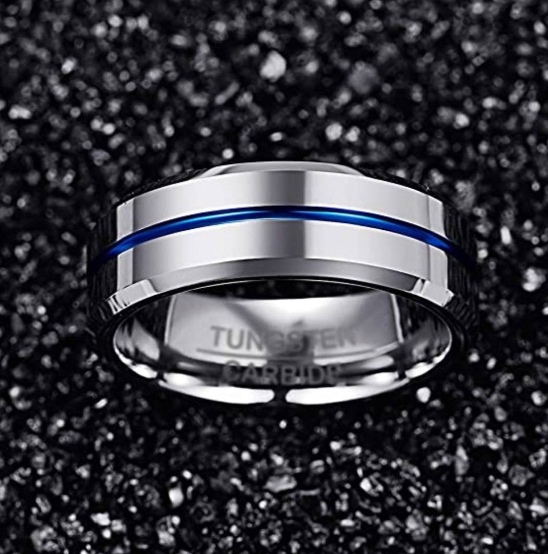 Silver Tungsten Ring With Thin Blue Line, Men Womens Wedding Promise ...