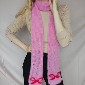 Croquet Pink Bow Scarf, Knitted Soft Ribbon Alpaca Scarf, Chunky Long ...