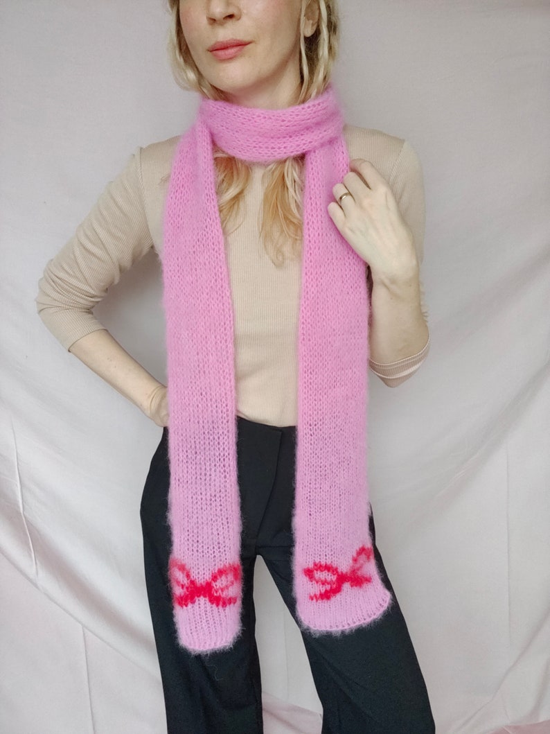Croquet Pink Bow Scarf, Knitted Soft Ribbon Alpaca Scarf, Chunky Long ...