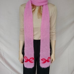 Croquet Pink Bow Scarf, Knitted Soft Ribbon Alpaca Scarf, Chunky Long ...