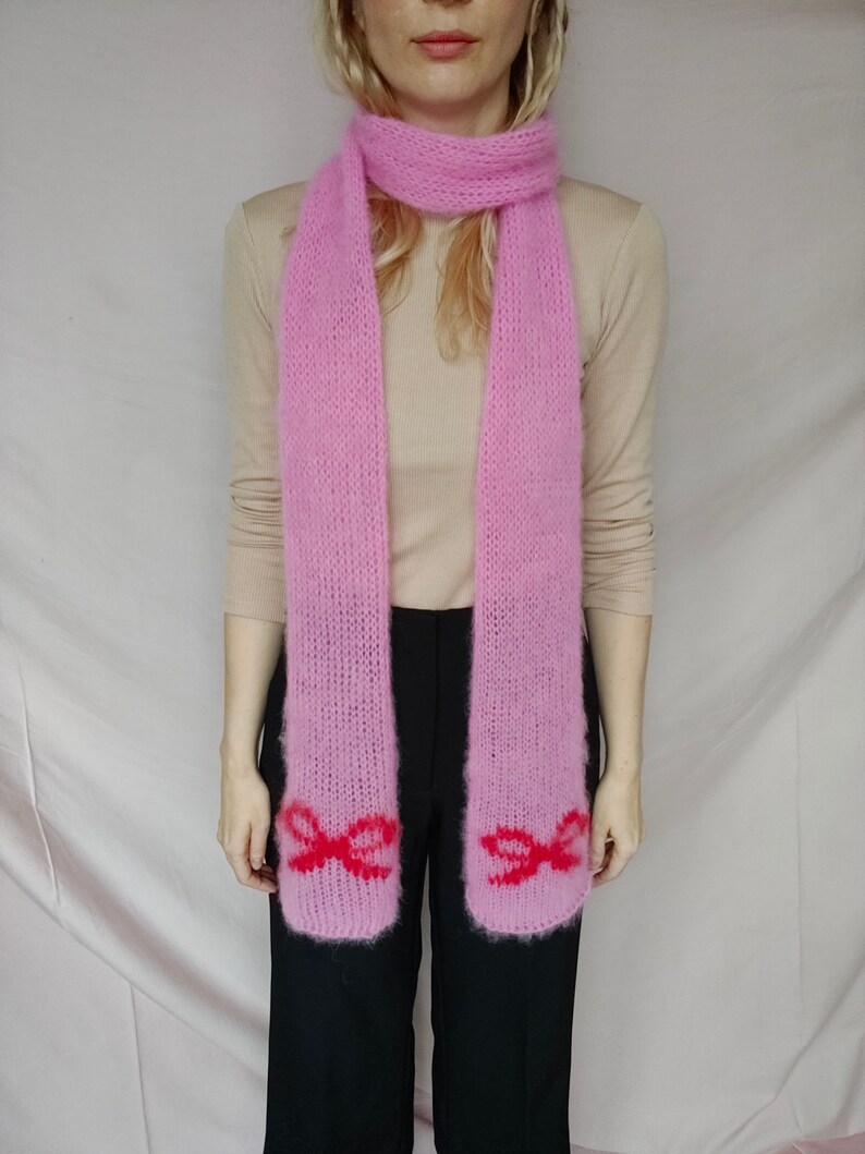 Croquet Pink Bow Scarf, Knitted Soft Ribbon Alpaca Scarf, Chunky Long ...