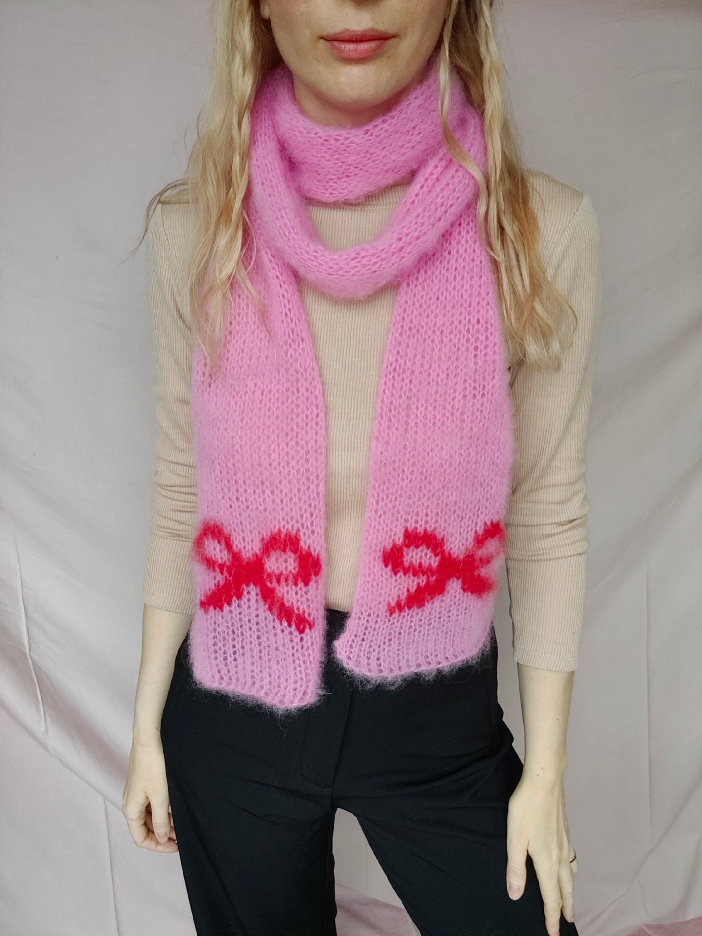 Croquet Pink Bow Scarf, Knitted Soft Ribbon Alpaca Scarf, Chunky Long ...