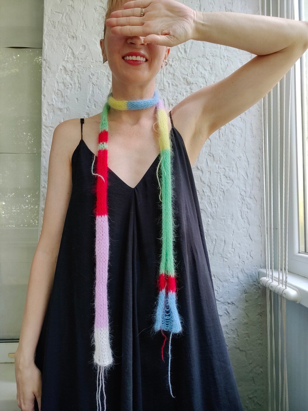 Fluffy Colorful Skinny Scarf Knitted Choker Scarf Women's Scarf Skinny ...