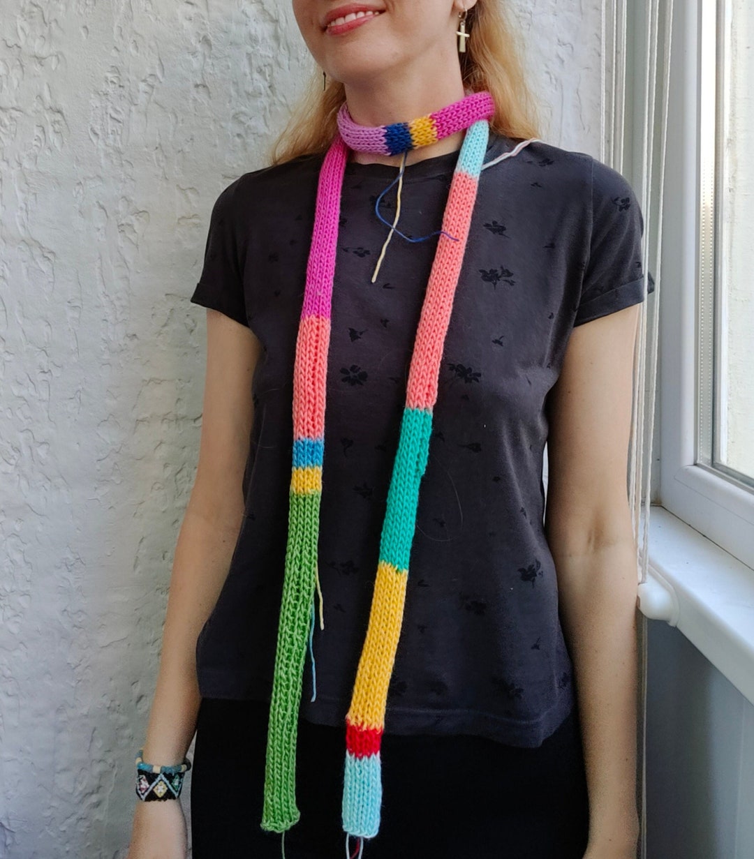 Rainbow Skinny Scarf Knitted Choker Scarf Women's Scarf Skinny Knitted ...