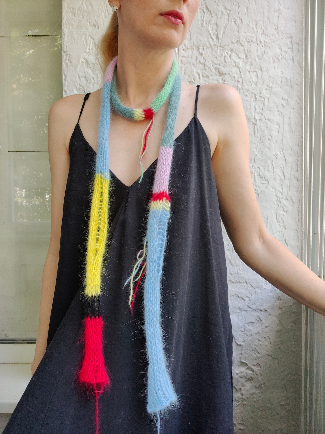 Fluffy Rainbow Skinny Scarf Knitted Choker Scarf Women's Scarf Skinny ...