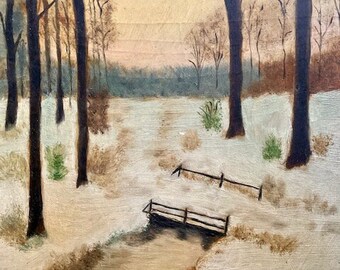 Surreal Winter Landscape Sunset Tree Original Oil Painting, Folk Art ...