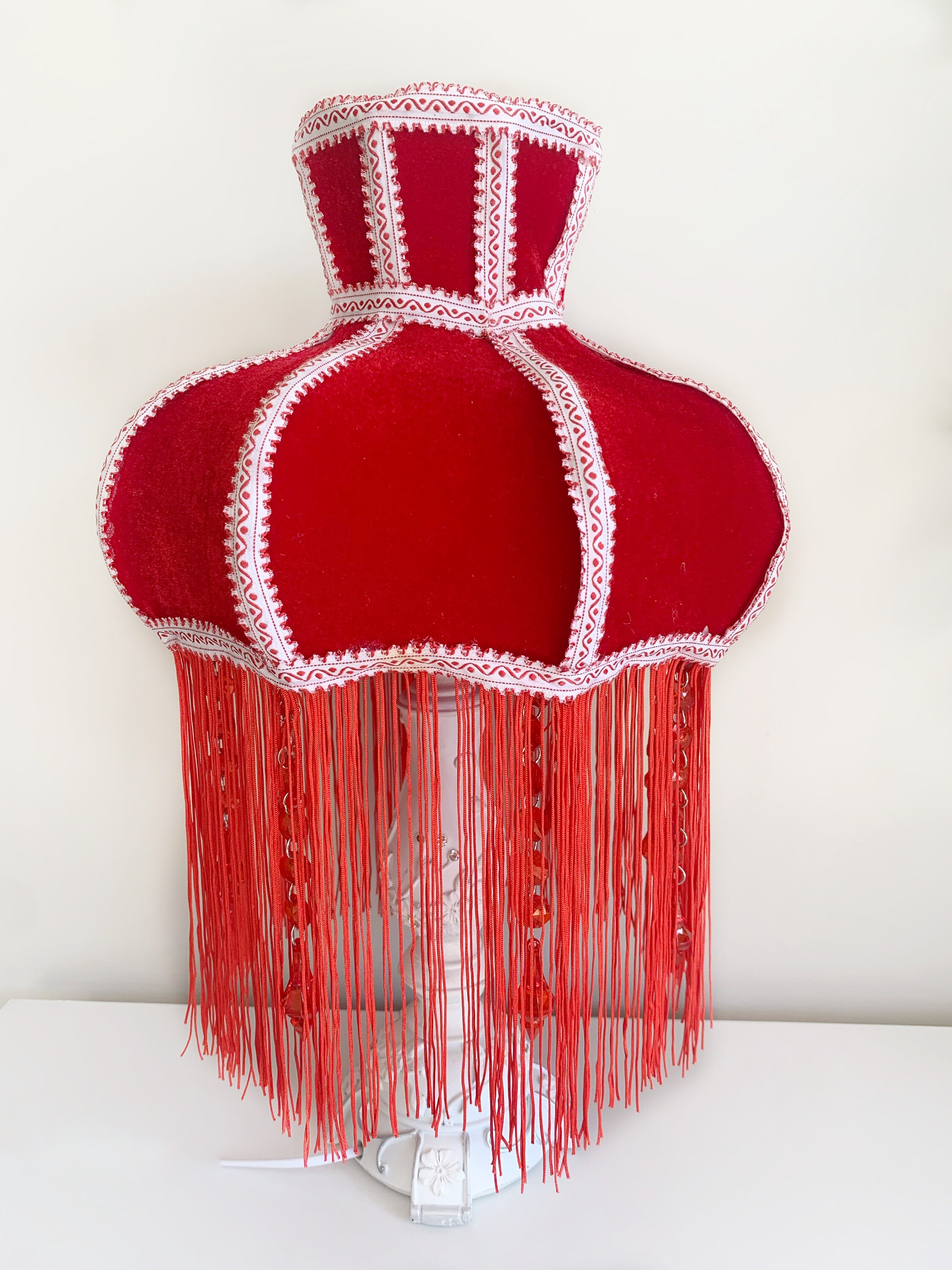 Red Velvet Lampshade With Red and White Ribbon, Fabric Lampshade ...