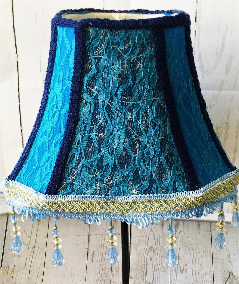 Blue Lampshade, Fabric Lampshade, Vintage Style, Blue Beaded Fringe ...