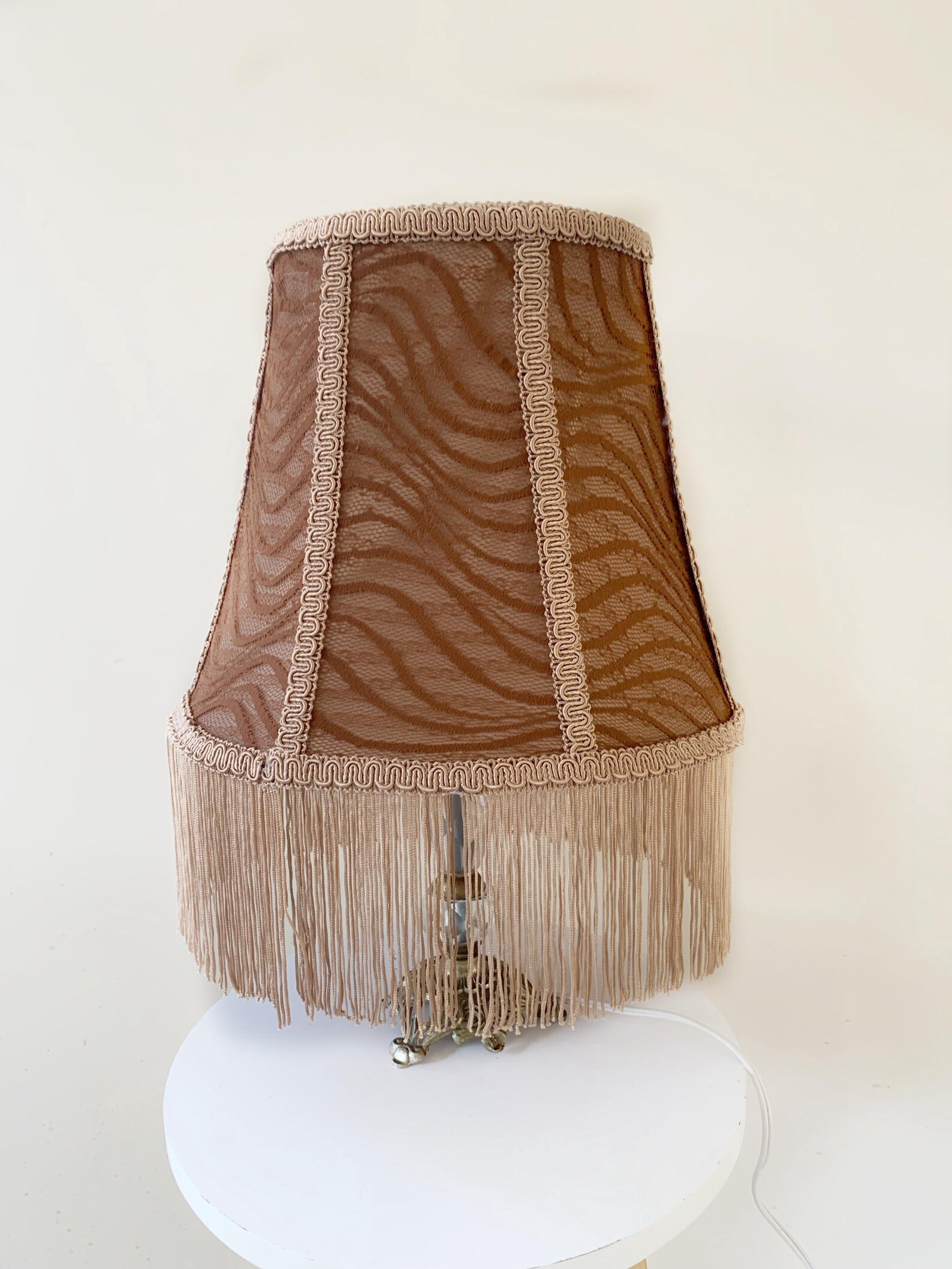 Vintage Style Fabric Lampshade, Brown Lace, Sand Fringe, Tabletop Lamp ...
