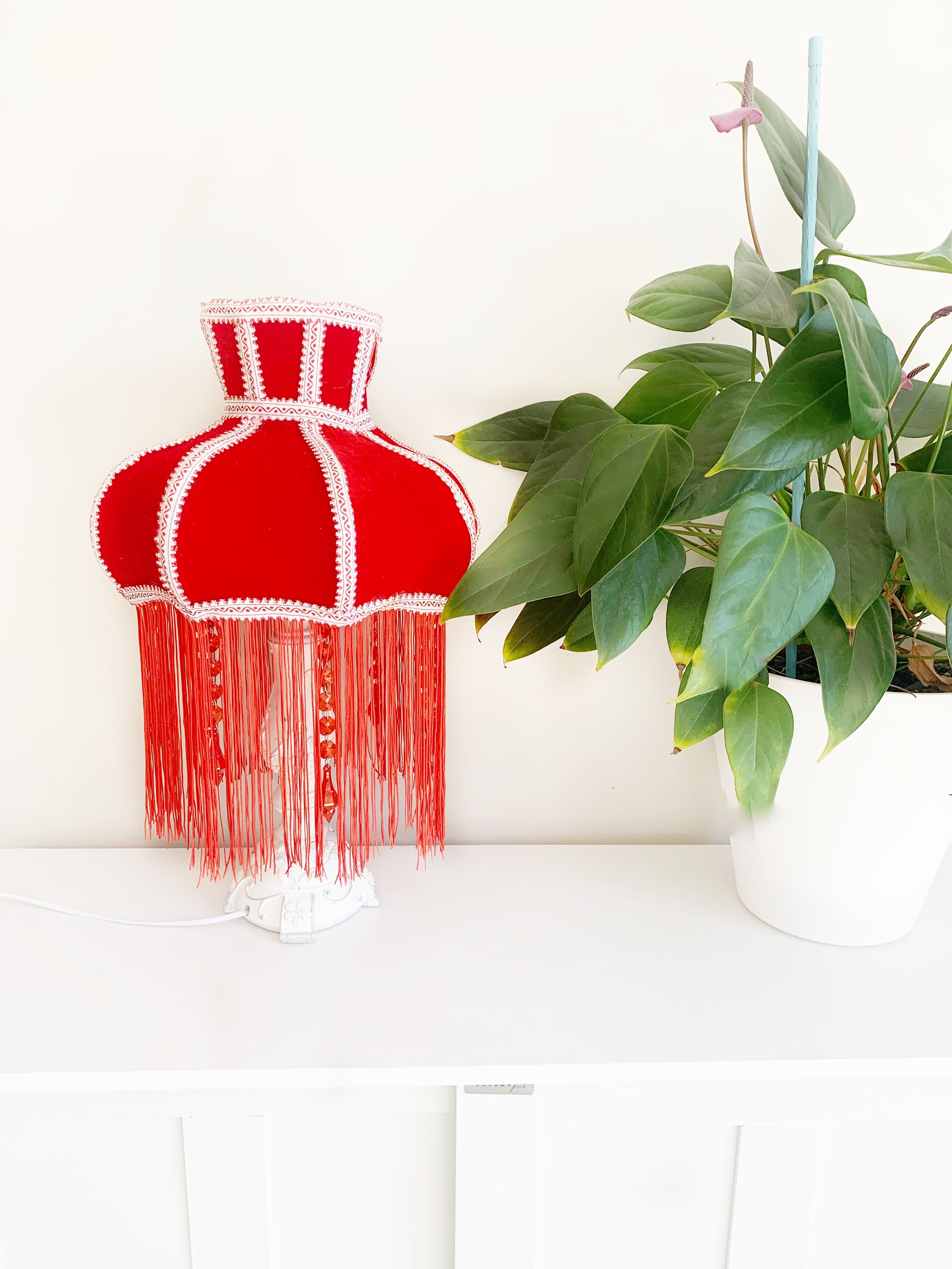 Red Velvet Lampshade With Red and White Ribbon, Fabric Lampshade ...