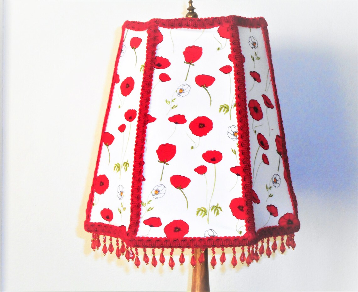 Red Poppy Fabric Lampshade, Vintage Style With Beaded Trim - Etsy