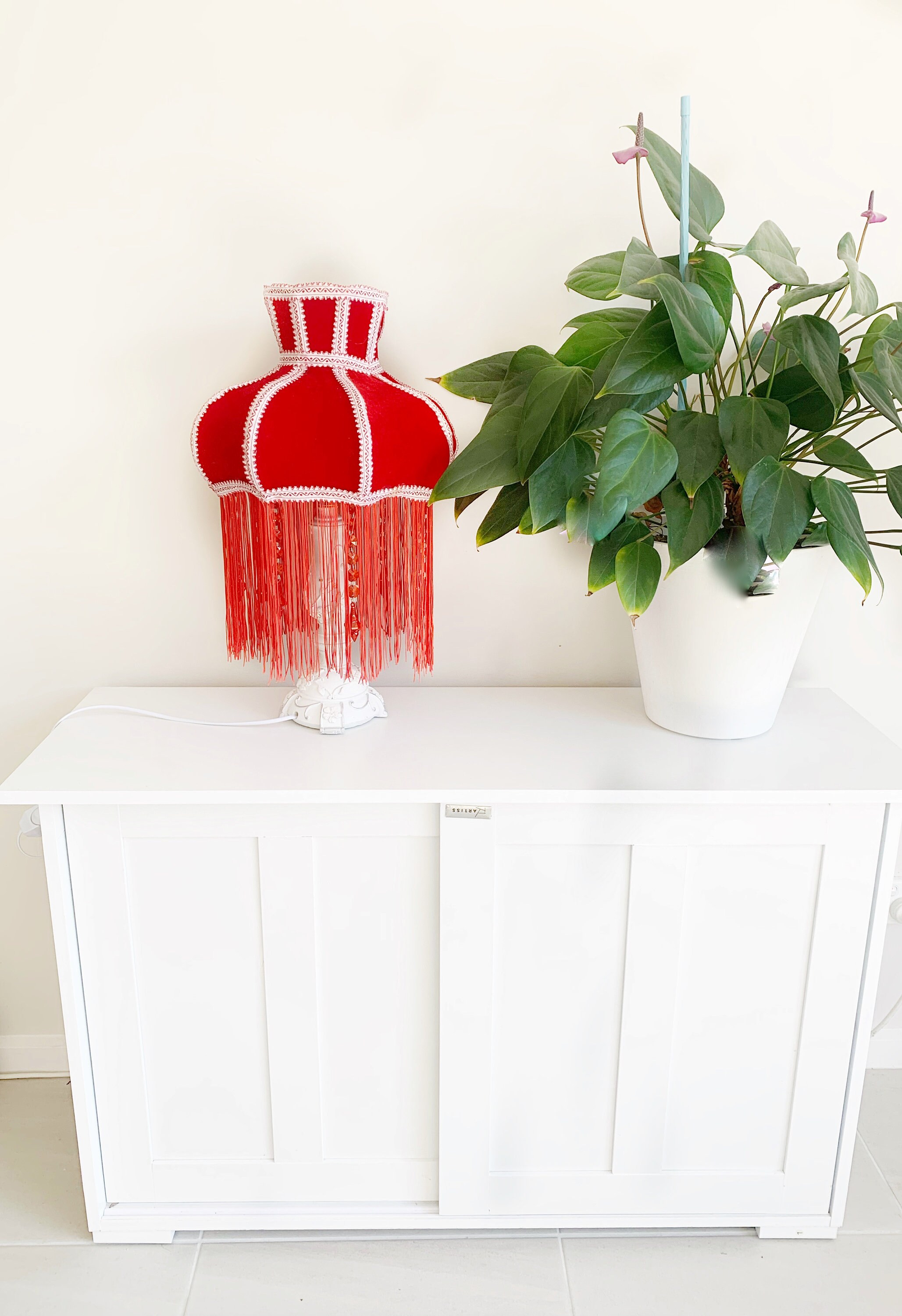 Red Velvet Lampshade With Red and White Ribbon, Fabric Lampshade ...