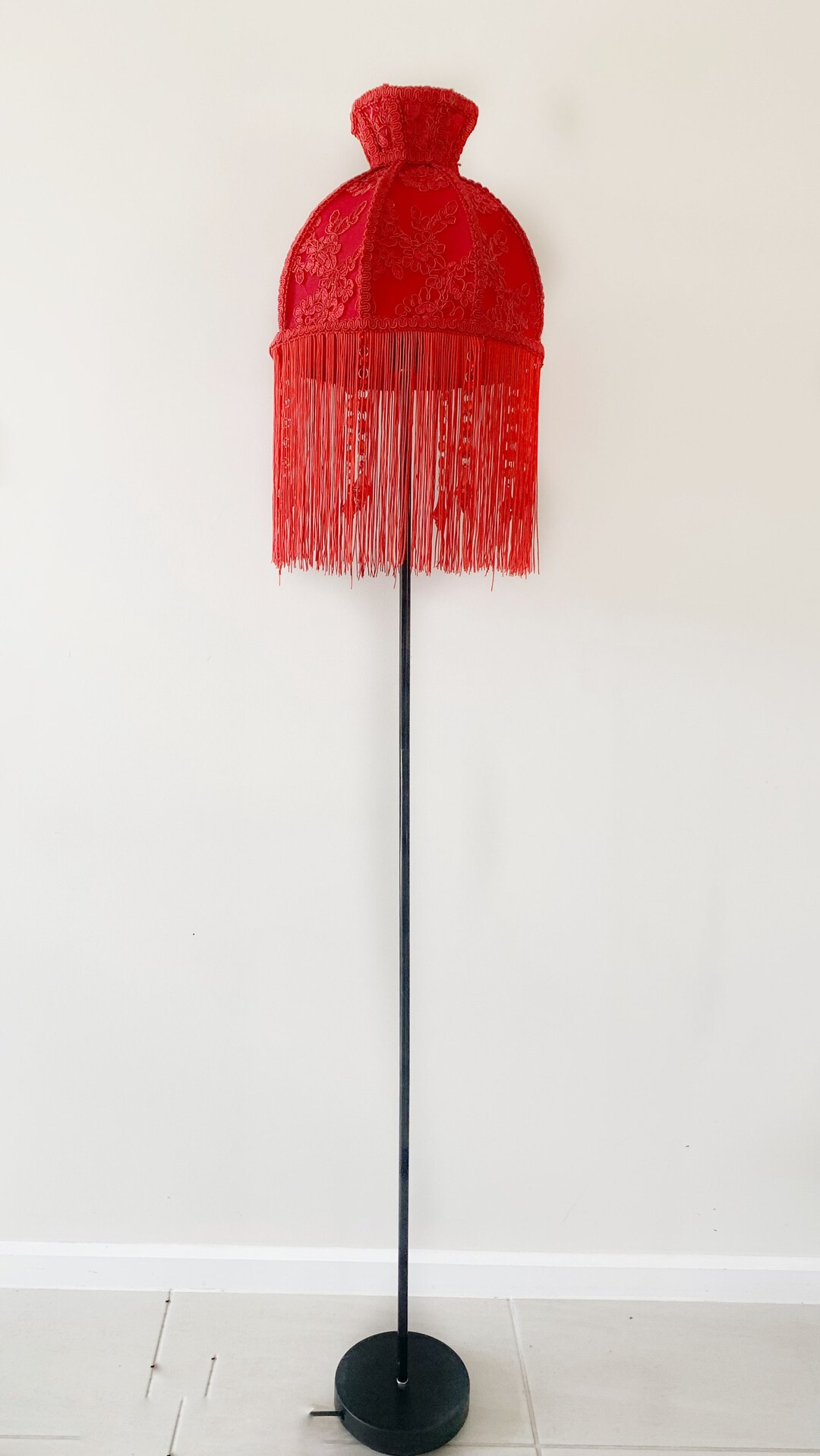 Red Fringed and Beaded Vintage Style Lampshade, Tabletop or Bedside ...