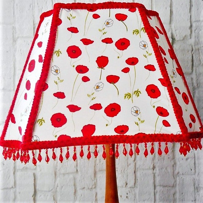 Red Poppy Fabric Lampshade, Vintage Style With Beaded Trim - Etsy