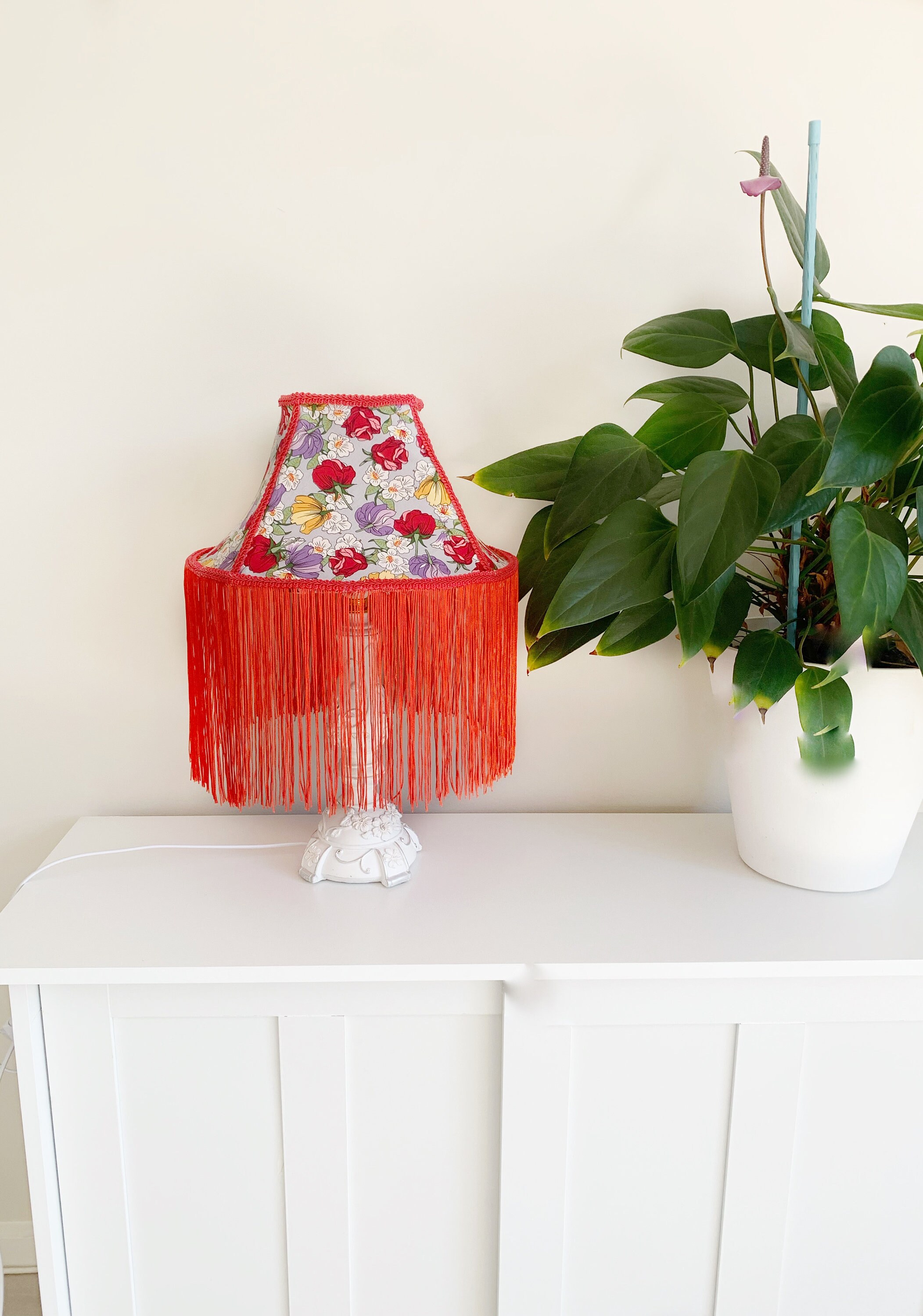 Red and Purple Floral Lampshade, Fabric Lampshade, Fringed Lampshade ...