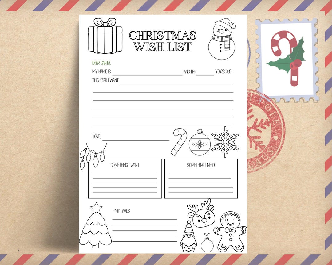 Christmas Wish List, Kids Coloring Page Santa Wish List, Printable ...