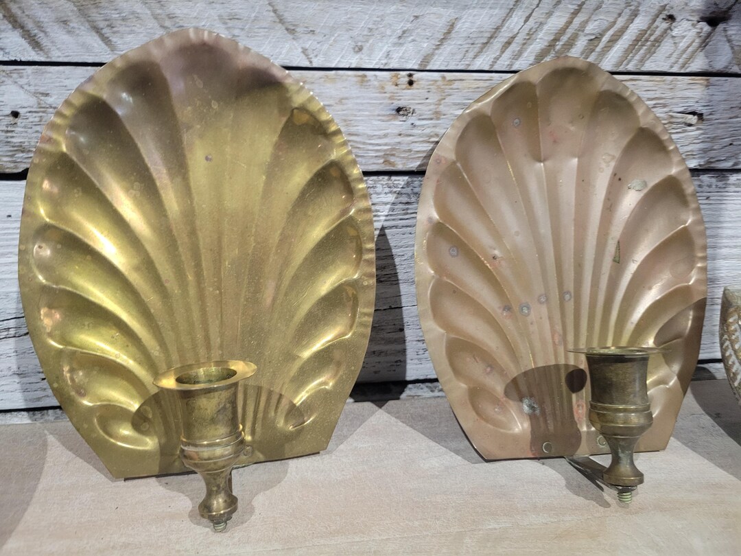 Pair Vintage Metal Tin Brass Color Shell Scallop Wall Sconces - Etsy