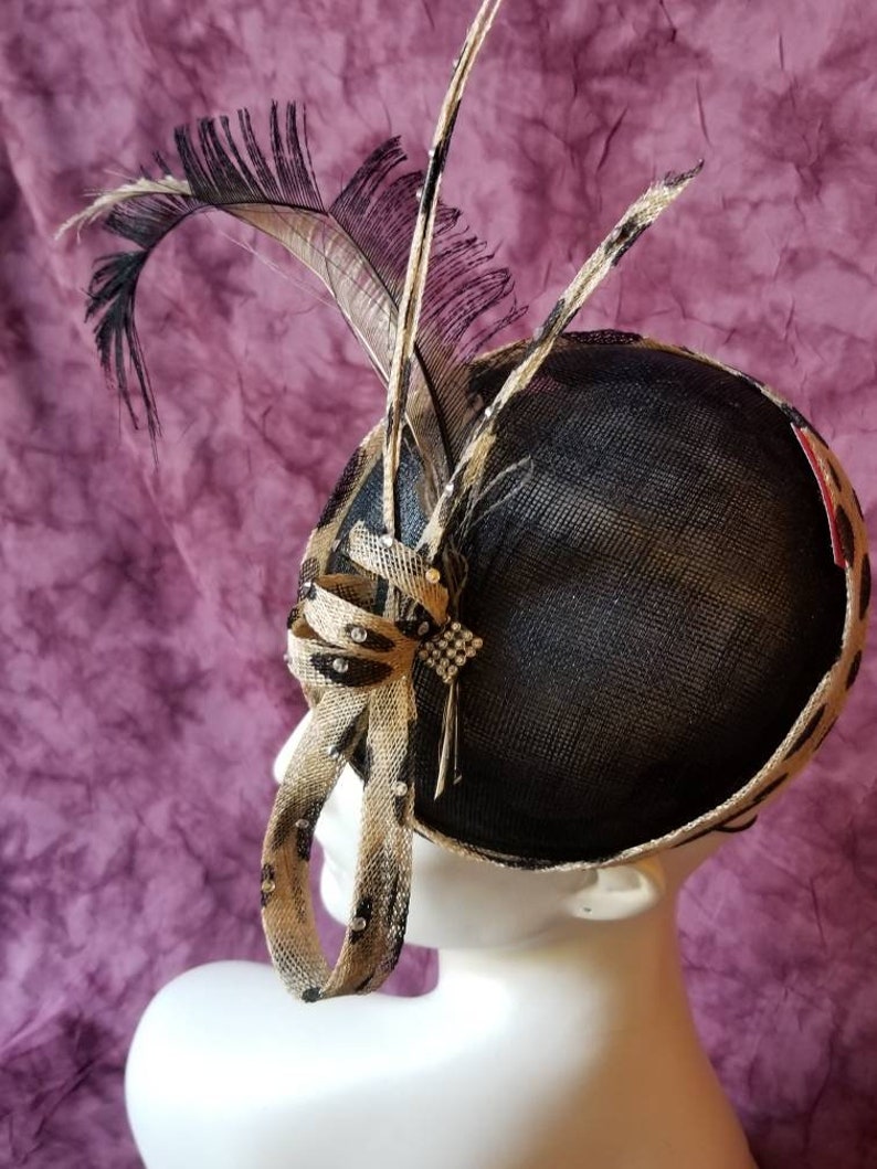 Natural and Black Straw Fascinator Hat With Rhinestones, Feather and ...