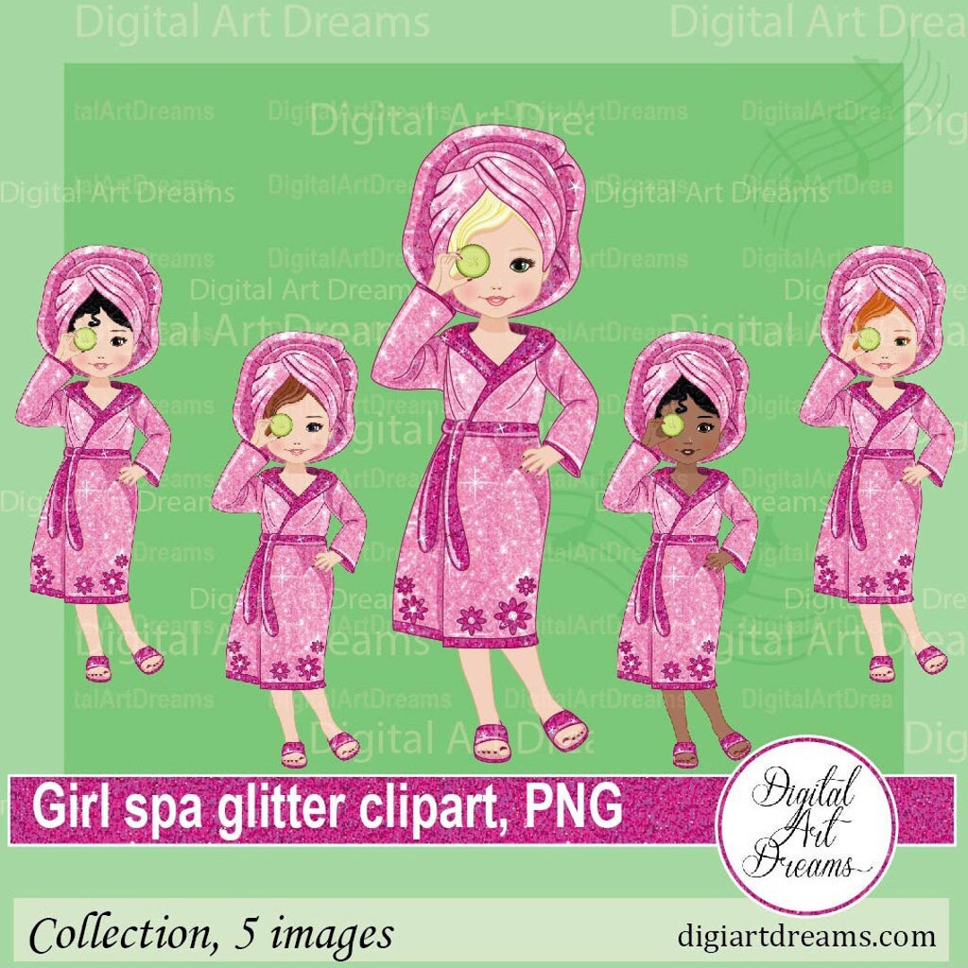 Spa Girl Clipart Printable, Pink Spa Robes, Cute Characters in Bath ...