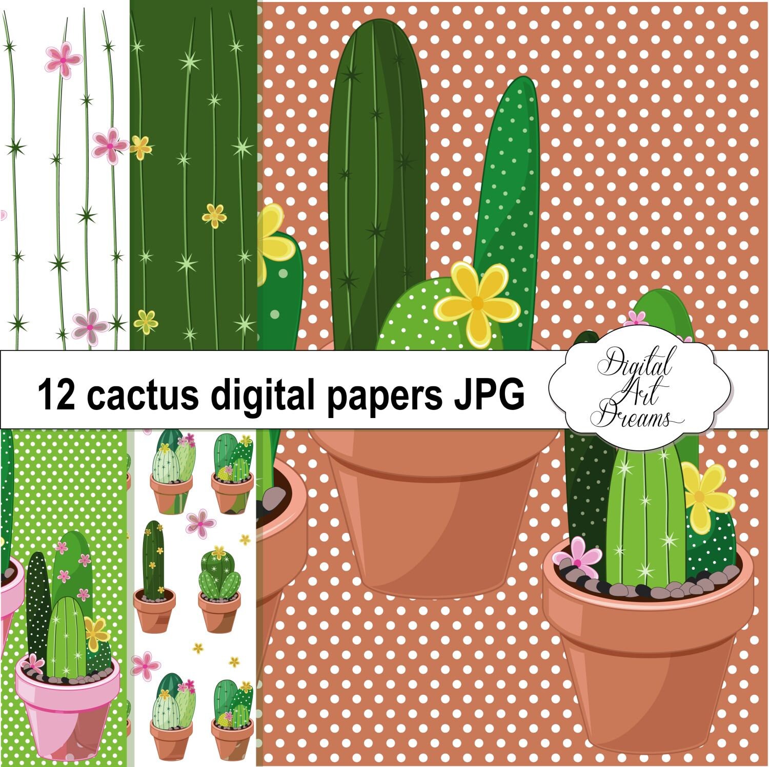 Cactus Background - Cactus Digital Paper - Cute Cactus Backgrounds ...