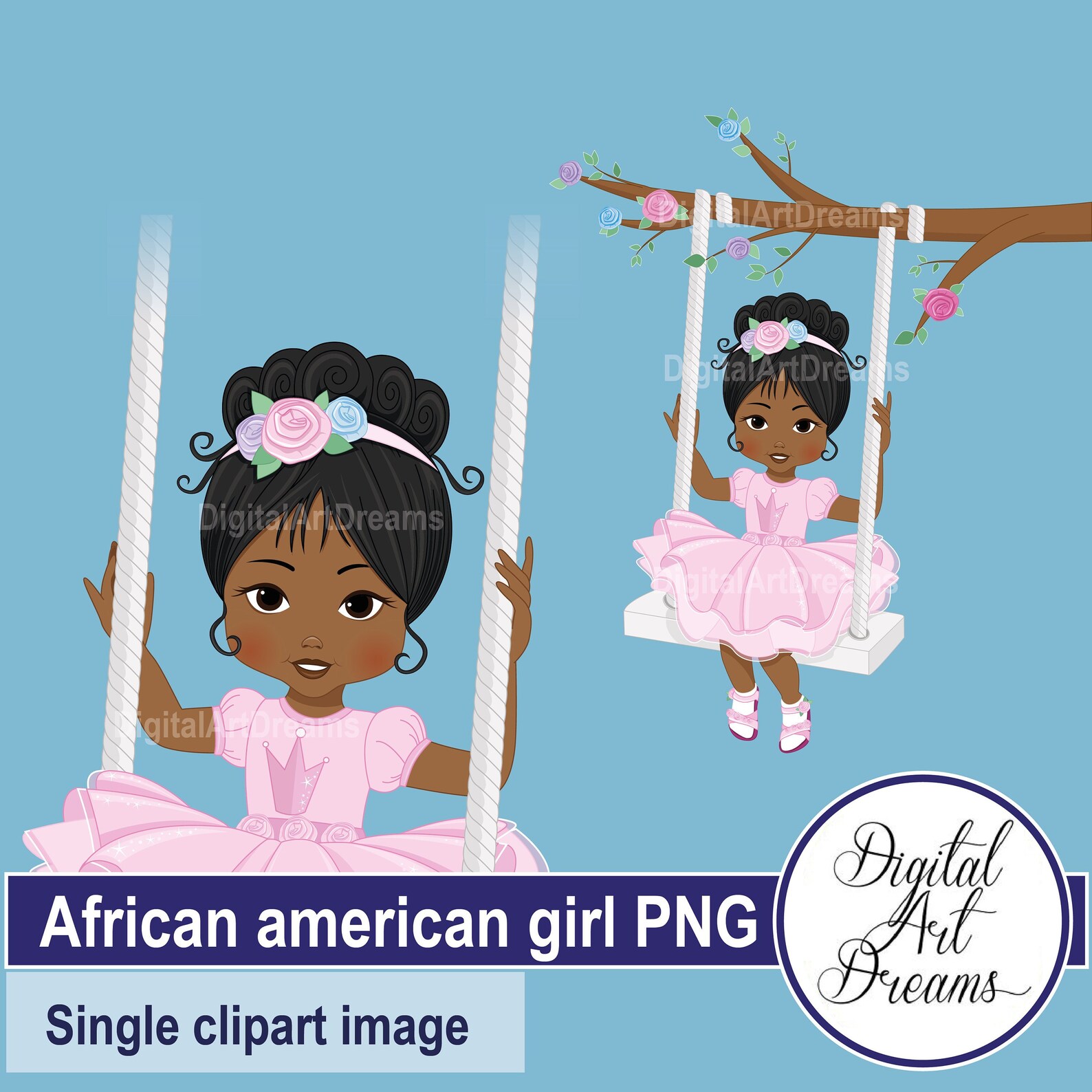 African American Girl Clipart, Character Clip Art, Cute Girl on a Swing ...