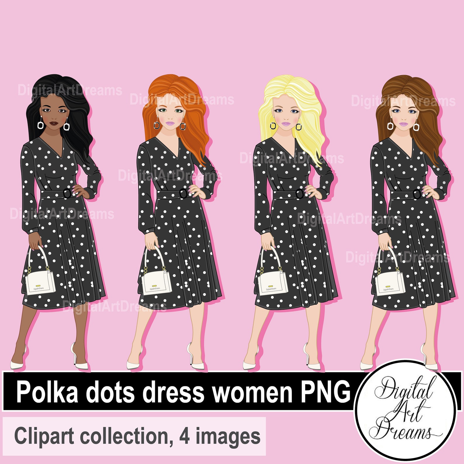 Woman Clipart Polka Dots Dress Fashion Clip Art Sweet 16 - Etsy