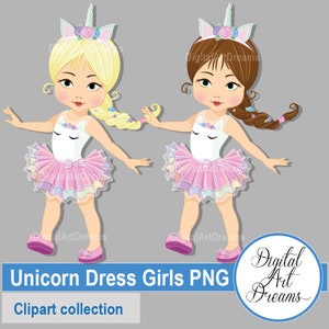 Cute Girls Clipart, Unicorn Dress Clip Art, Little Girl Graphics ...