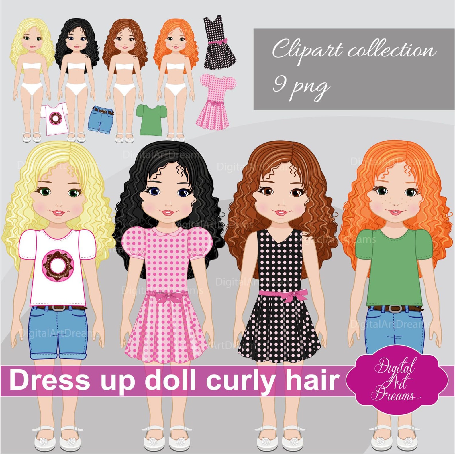 Dress Doll Clipart, Little Girls Clip Art, Cute Characters Png, Curly ...