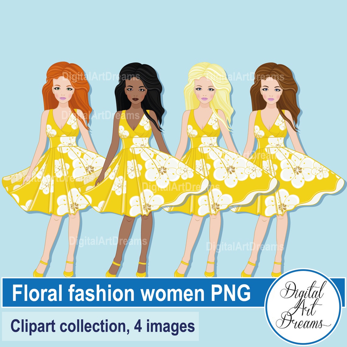 Yellow Floral Dress Clipart Fashion Women Graphics Spring | Etsy