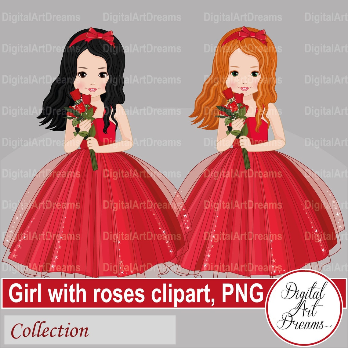 Valentine's Day Clip Art Girls With Roses Wedding - Etsy