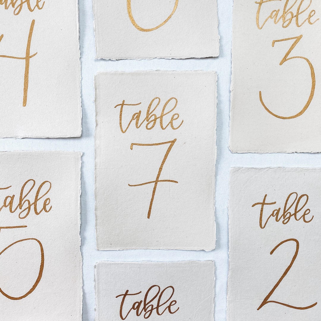 Gold Calligraphy Table Numbers on Hand Made Paper, Gold Calligraphy ...