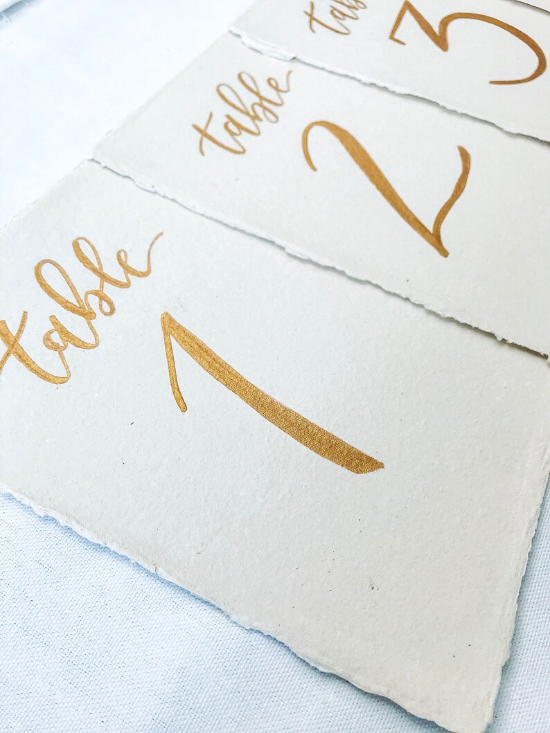 Gold Calligraphy table numbers on hand made paper gold | Etsy