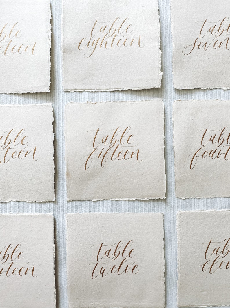 Gold Calligraphy Table Numbers on Hand Made Paper, Gold Calligraphy ...