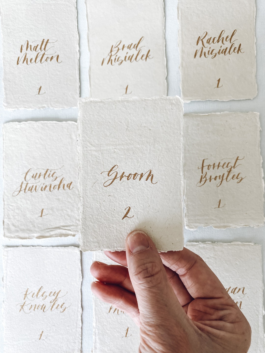 Gold Calligraphy Place Cards on Hand Made Paper, Calligraphy Place Card ...