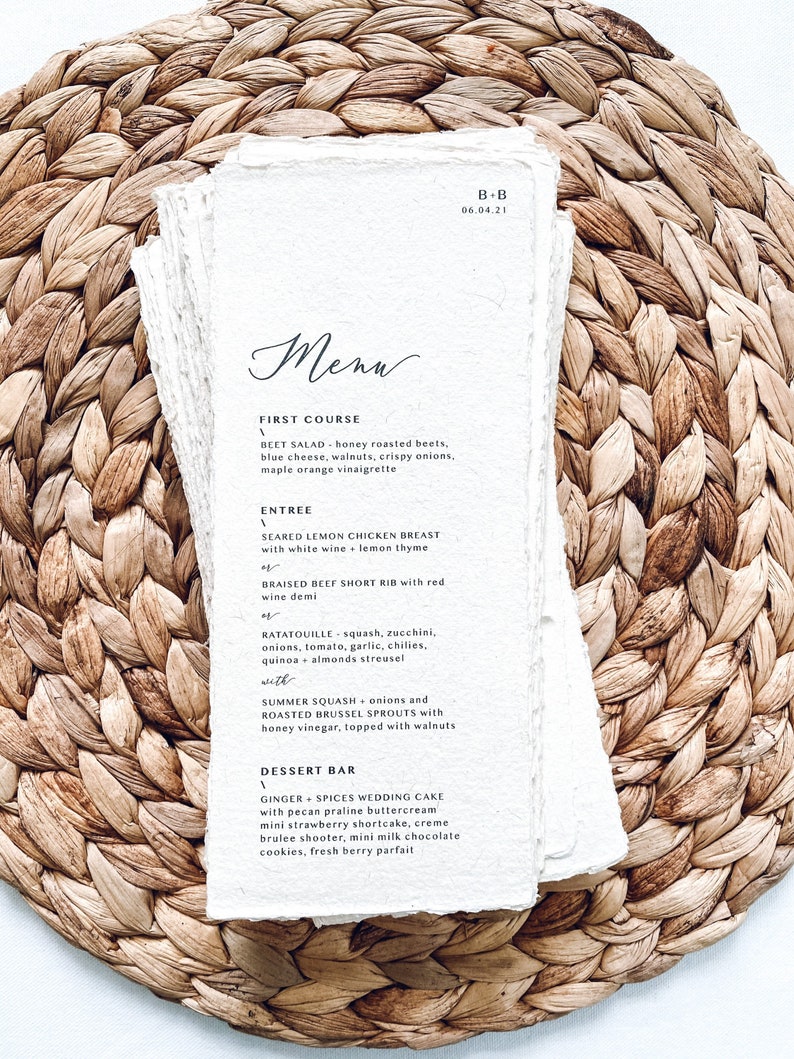 The Parker Collection - Hand Made Paper Menu, Printed Wedding Menus on ...