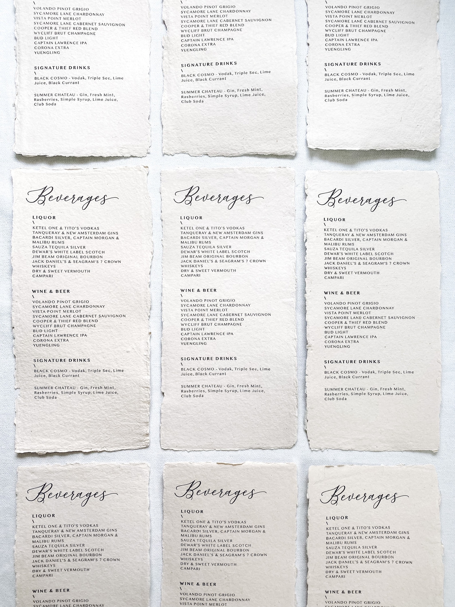 The Parker Collection - Hand Made Paper Menu, Printed Wedding Menus on ...
