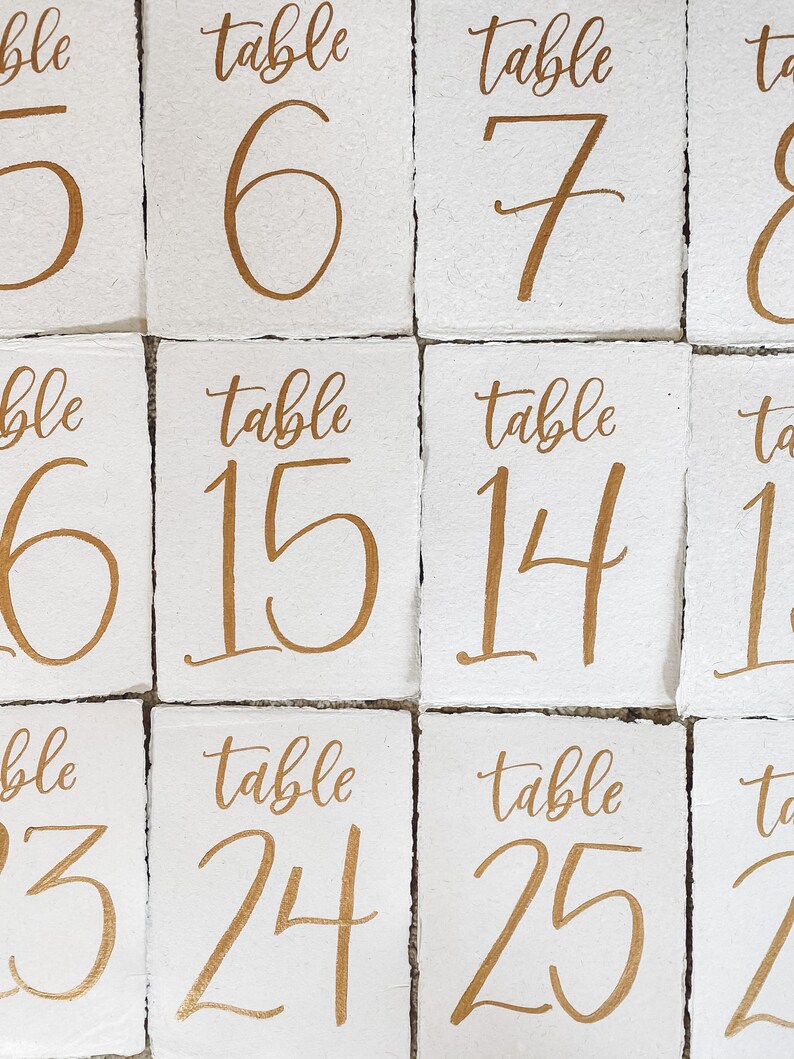 Gold Calligraphy Table Numbers on Hand Made Paper, Gold Calligraphy ...