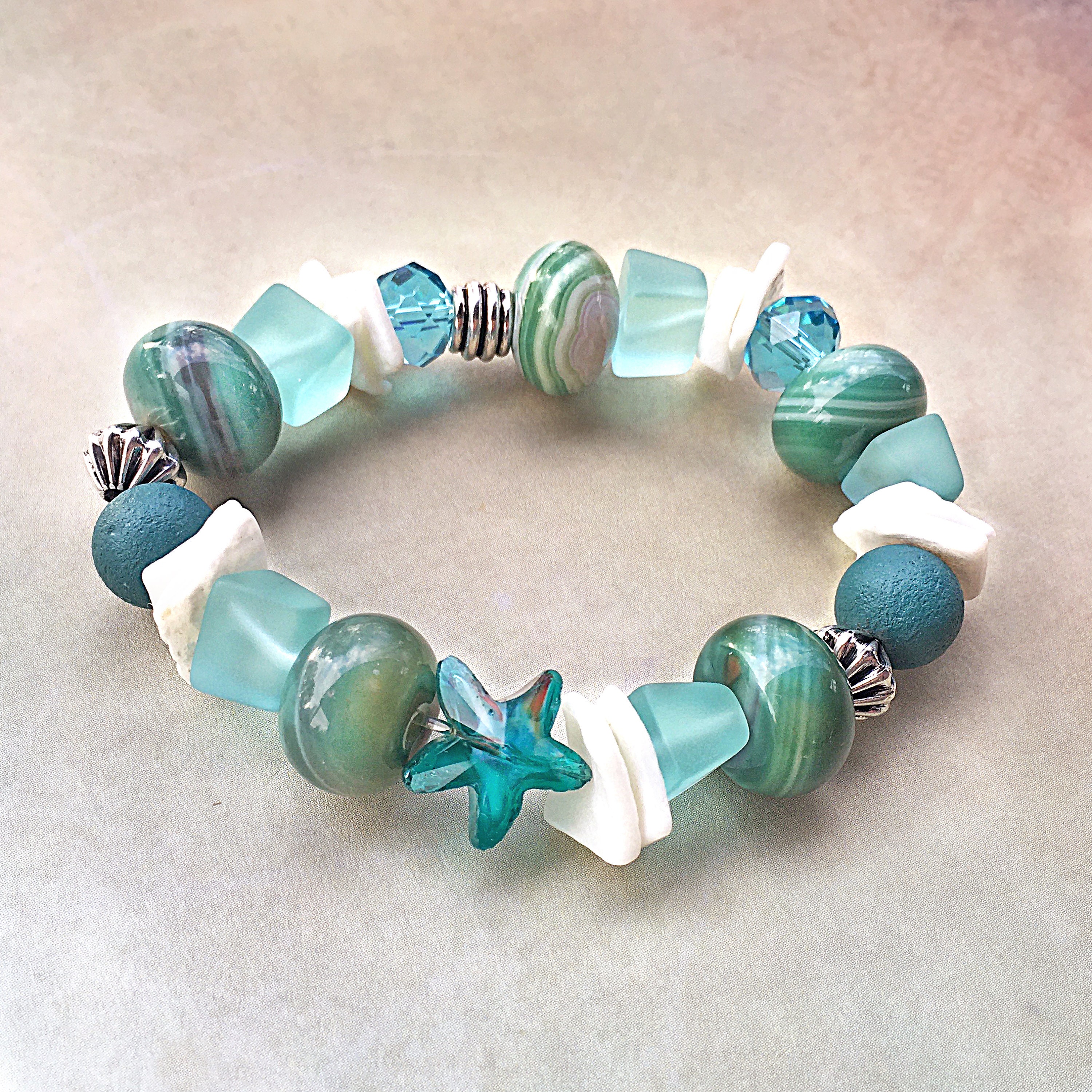Beach Stretch Bracelet, Agate, Seashell Bracelet, Beach Jewelry, Boho ...