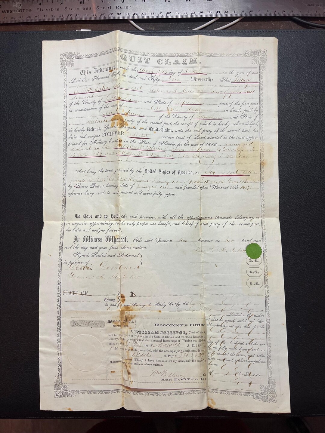Antique Illinois Quit Claim Deed - Notarized 1856 - Reference to the ...