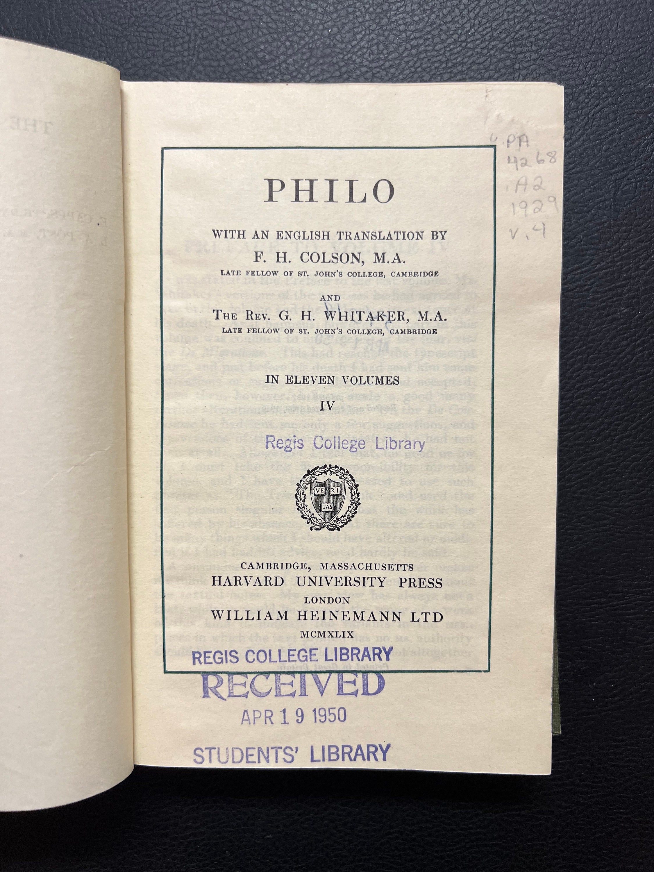 Philo IV of Eleven Volumes With an English Translation by F. H. Colson ...