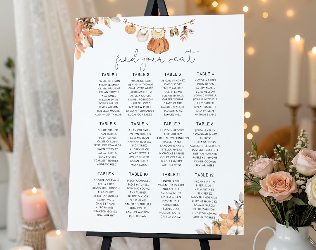Fall Pumpkin Seating Chart Sign, Baby Clothes Baby Shower Seating Chart ...