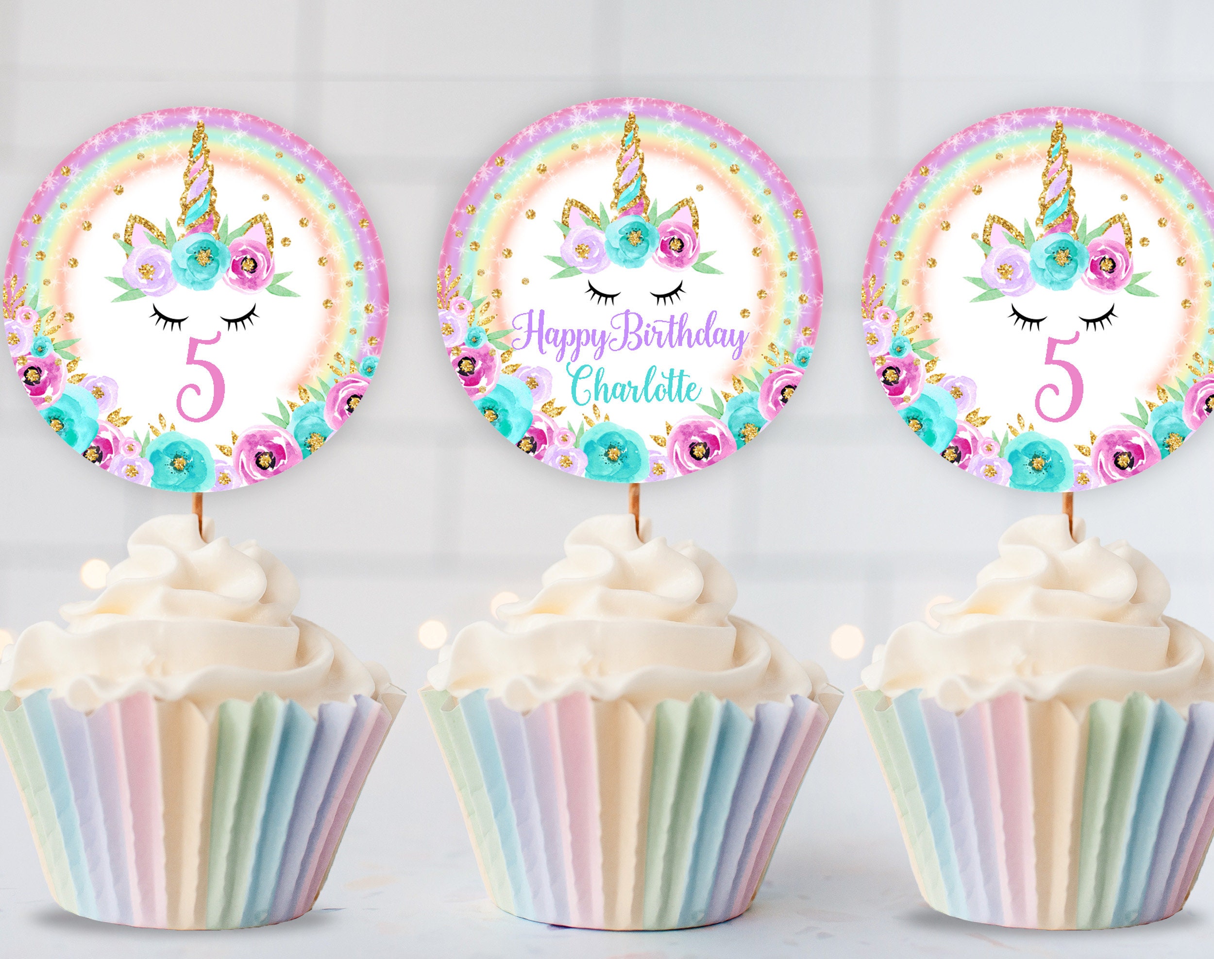 Unicorn Birthday Cupcake Toppers Rainbow Unicorn Party Unicorn Etsy