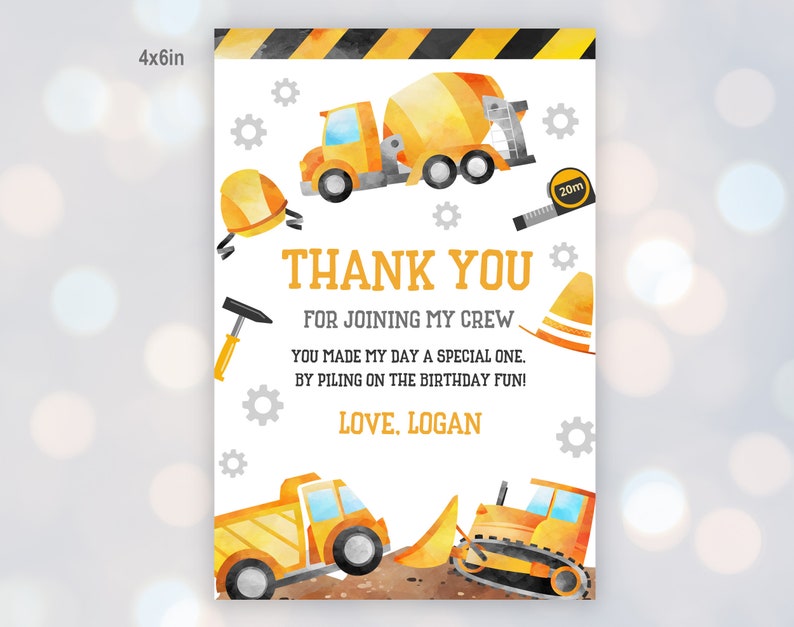 Construction Thank You Card 5x7in, 4x6in Included Birthday Thank You ...