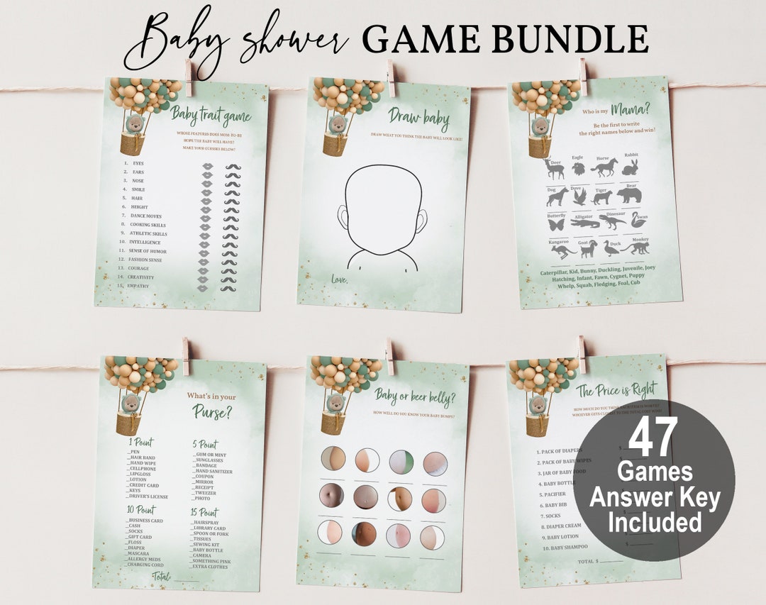Teddy Bear Baby Shower Game Set Bear Game Pack Bundle Green Brown Bear Balloons Gender Neutral ...