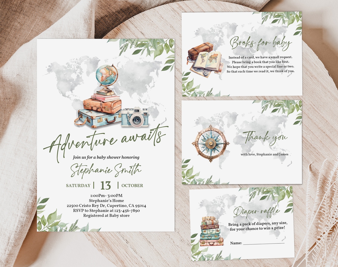 Adventure Awaits Baby Shower Invitation Set Editable Travel Invite Pack ...