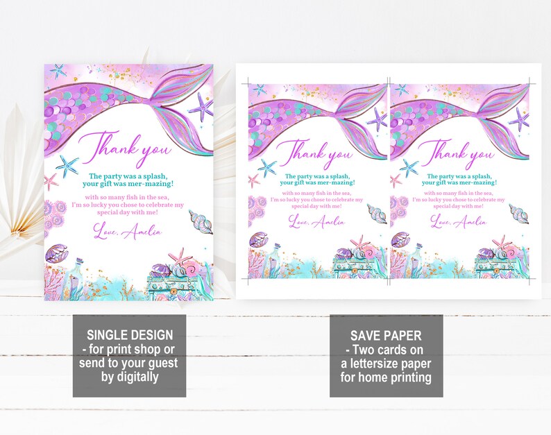 Thank You Card: Mermaid Theme Purple Gold Teal - Editable 1st Birthday ...