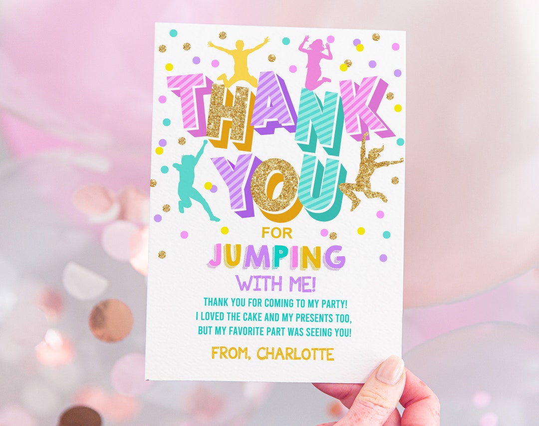 Jump Birthday Thank You Card - Trampoline Party, Pink Purple Editable ...