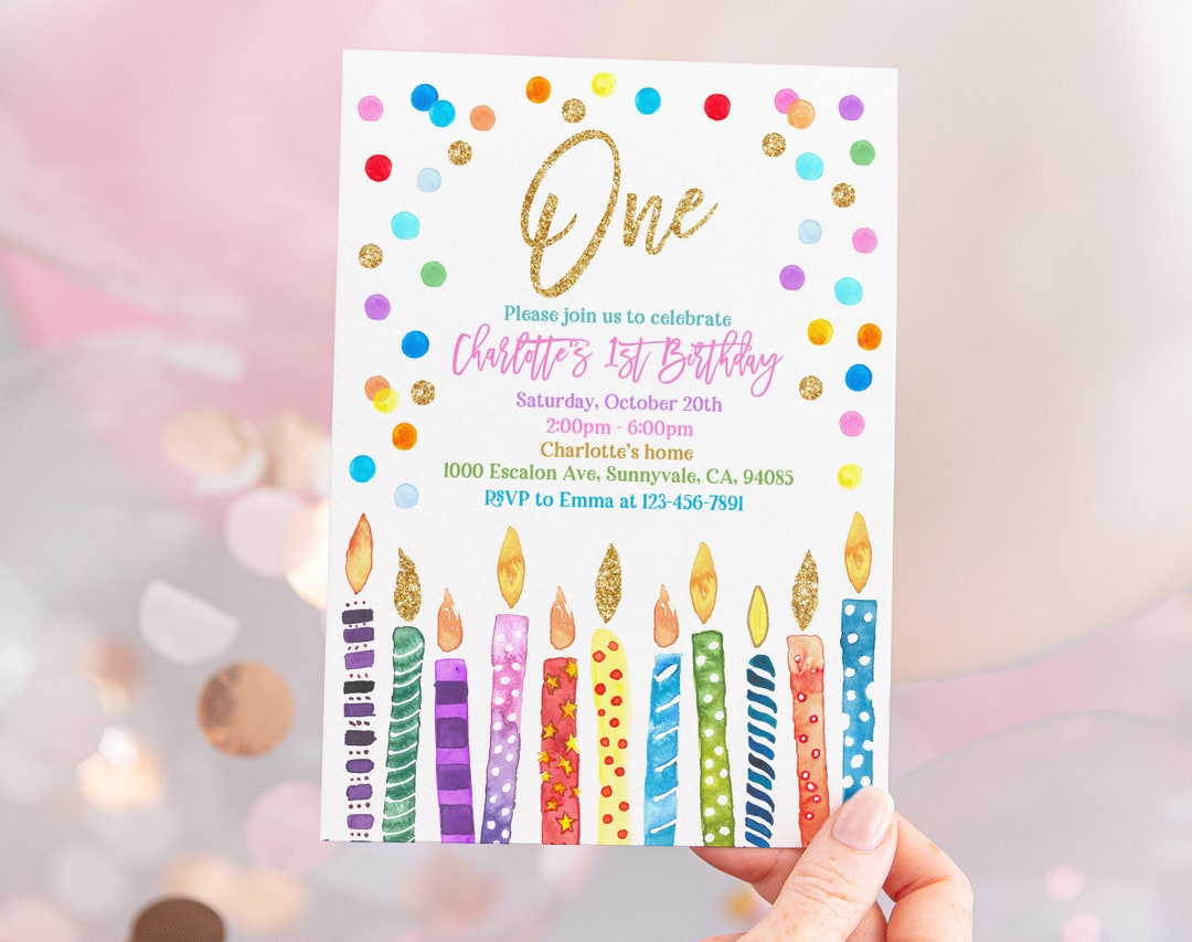 Candle 1st Birthday Invitation Pastel Rainbow Confetti Party Invite Boy ...