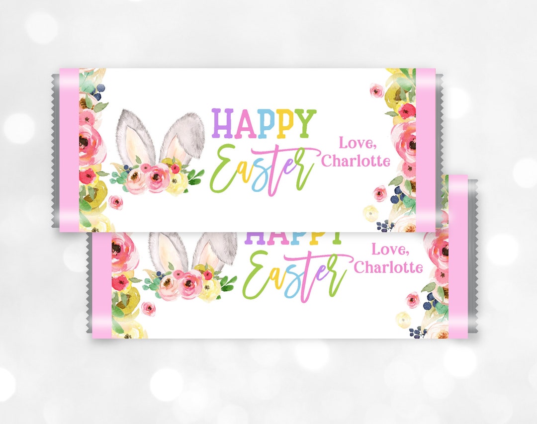 Bunny Candy Bar Wrapper Happy Easter Rabbit Chocolate Label Pink Floral ...